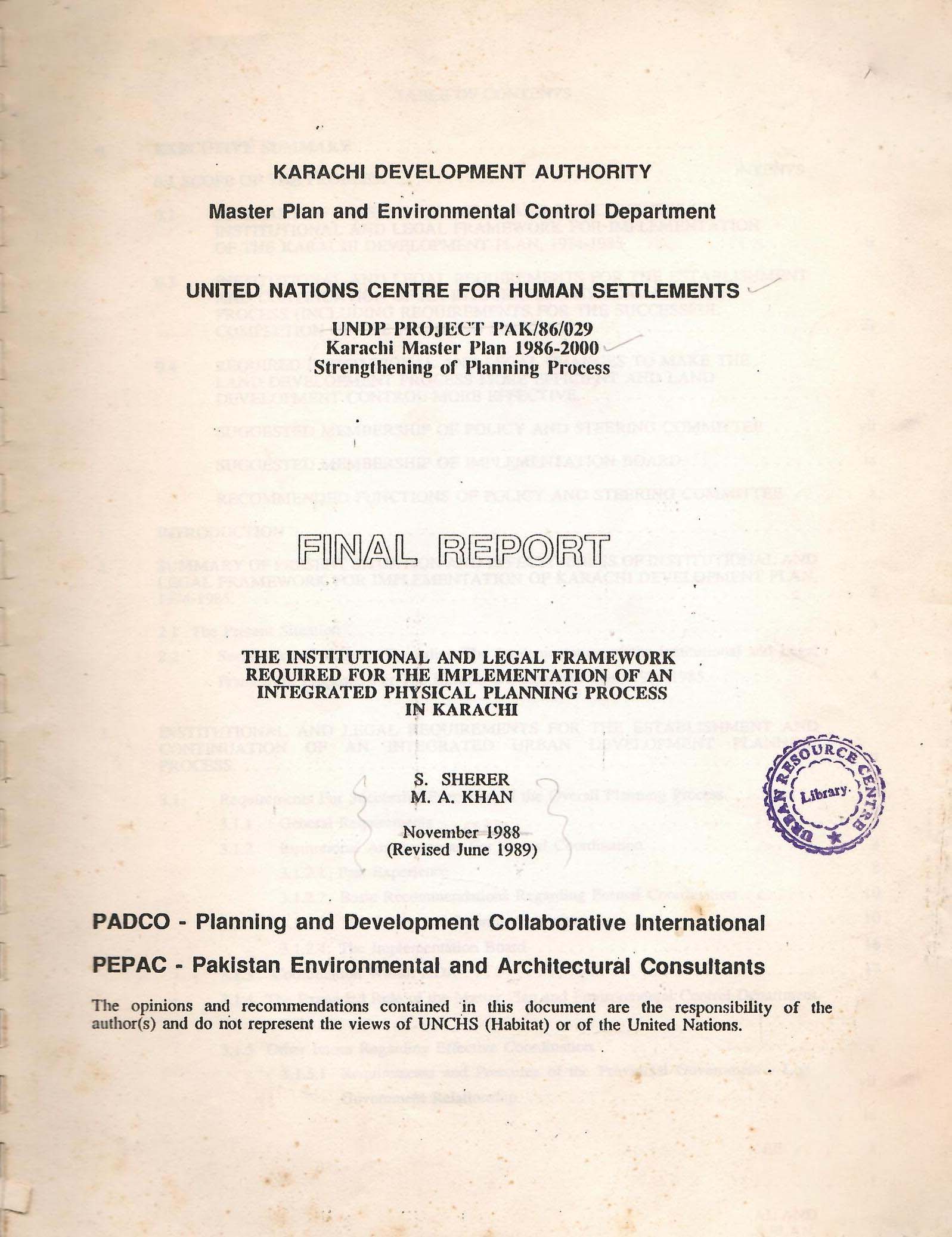 Planning Framework Report – Karachi 1989